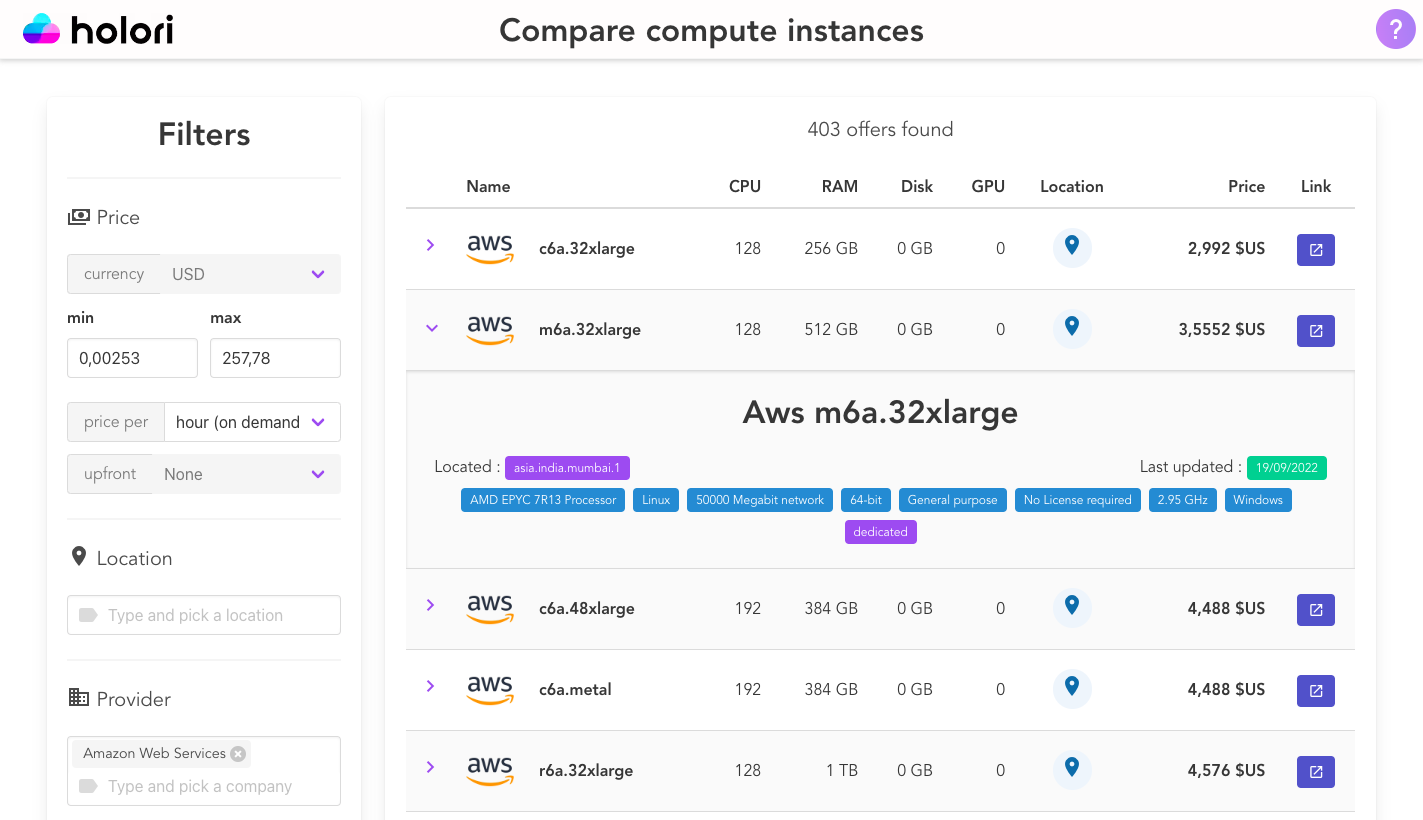 Holori Compare AWS EC2 Price