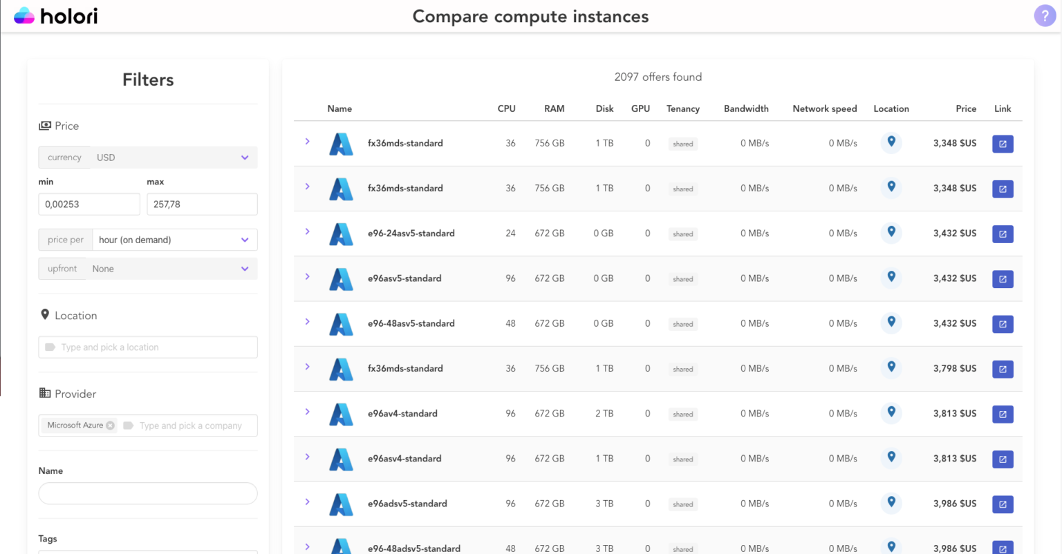 Holori - Compare Azure VM prices